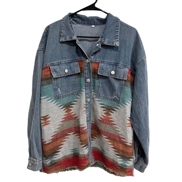 Jackets & Coats | Vintage Denim Aztec Pattern Buttonup Jacket Sz Large ...